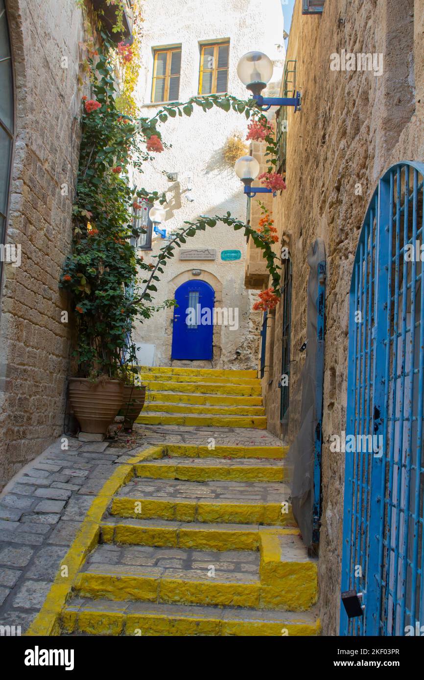 A beautiful narrow street with its bright colours in the ancient city ...
