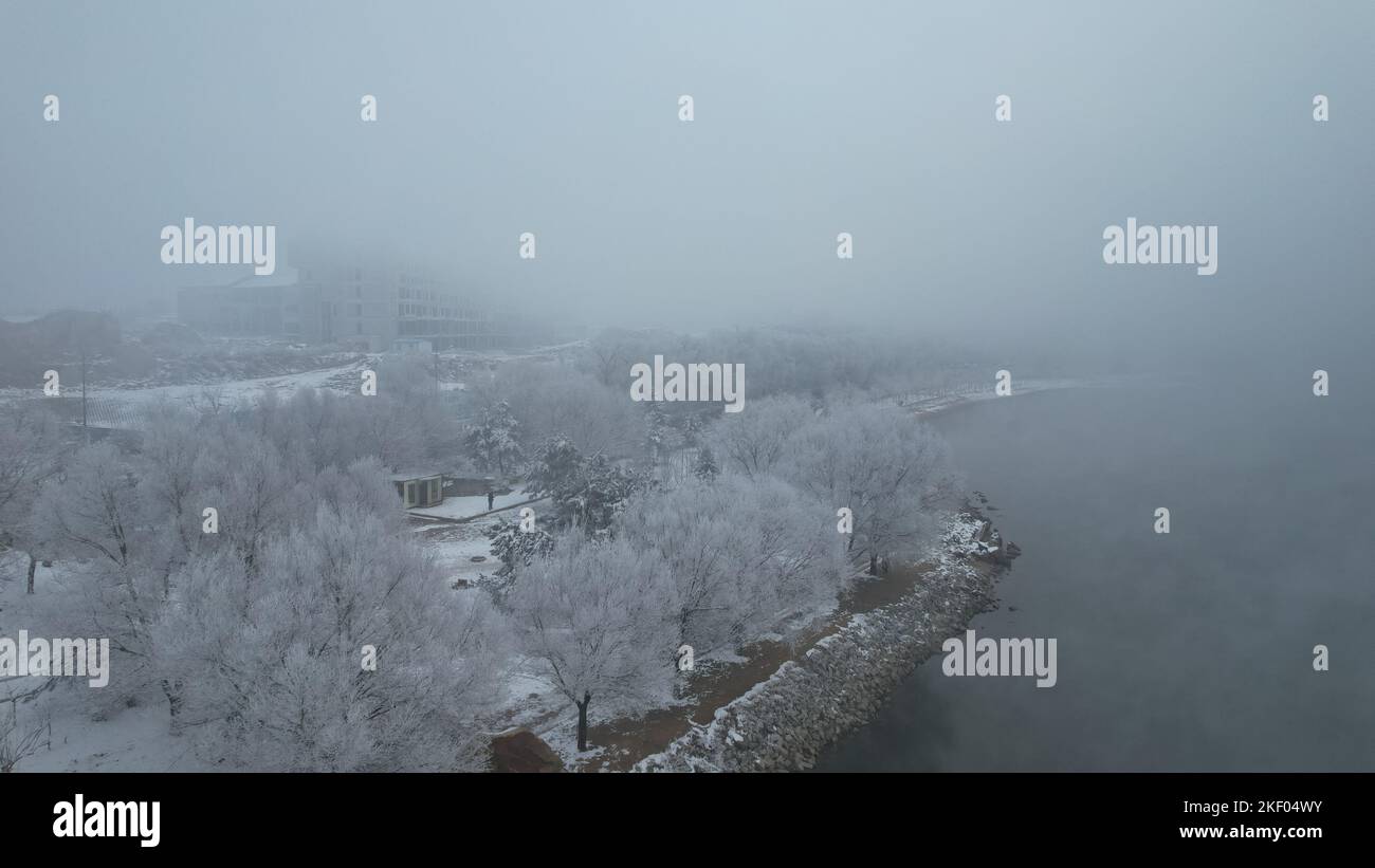 Aerial photo shows the first rime scenery of this winter appearing on ...