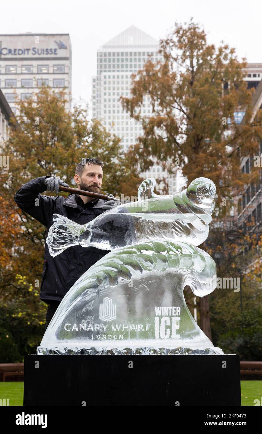 EDITORIAL USE ONLY Artist Csaba Vass creates a seal ice sculpture at ...