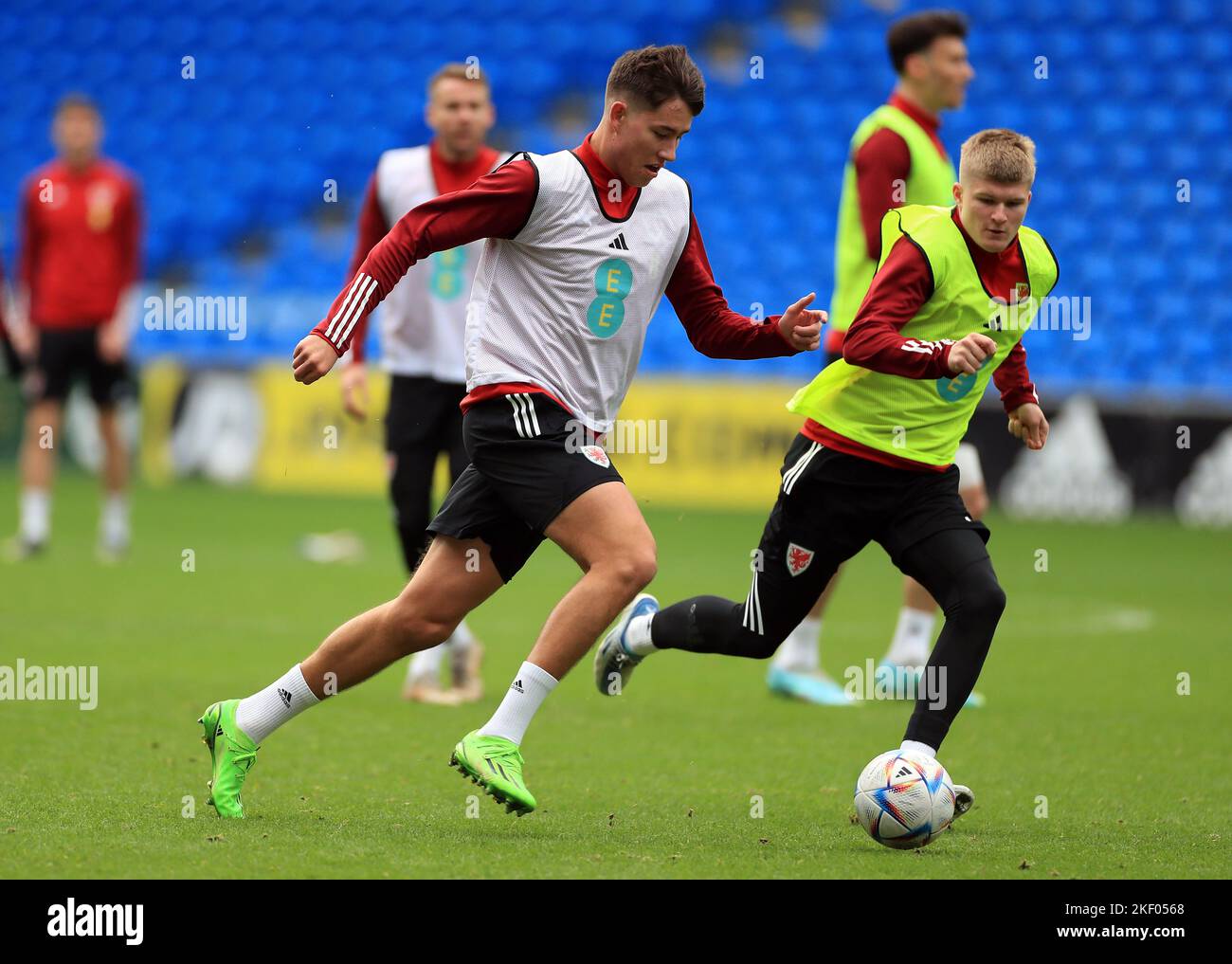 Wales' Rubin Colwill and Jordan James (right) during a training session ...