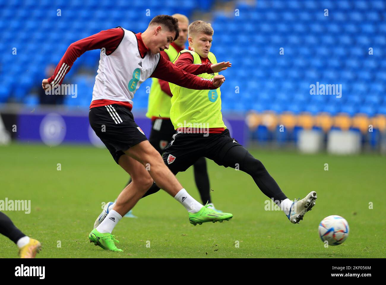 Wales' Rubin Colwill and Jordan James (right) during a training session ...