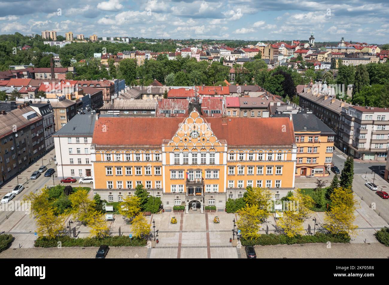 Aerial view of Town Hall building on Czechoslovak Army Square in Cesky ...