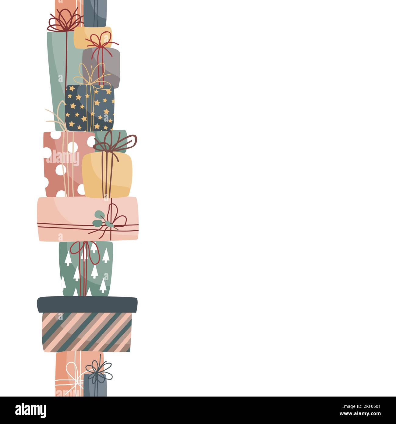 Stylish gift boxes vertical border. Xmas doodle seamless pattern ...
