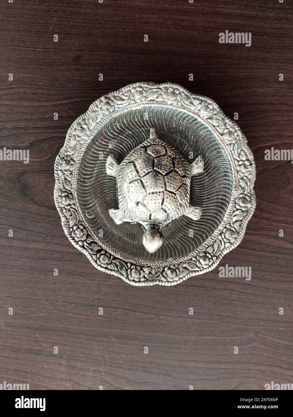 A top-angle view of a silver-plated tortoise figurine resting on a ...