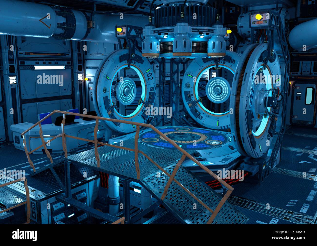 3D rendering of a science fiction teleportation hangar at a space ...