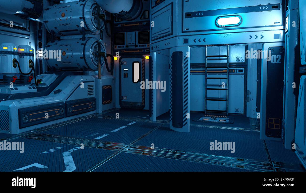 3D rendering of a science fiction teleportation hangar at a space ...