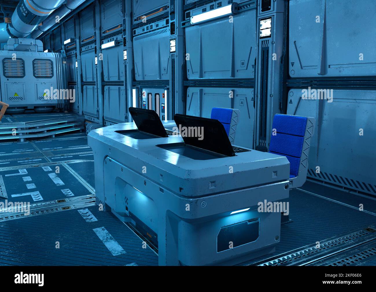 3D rendering of a science fiction teleportation hangar at a space ...