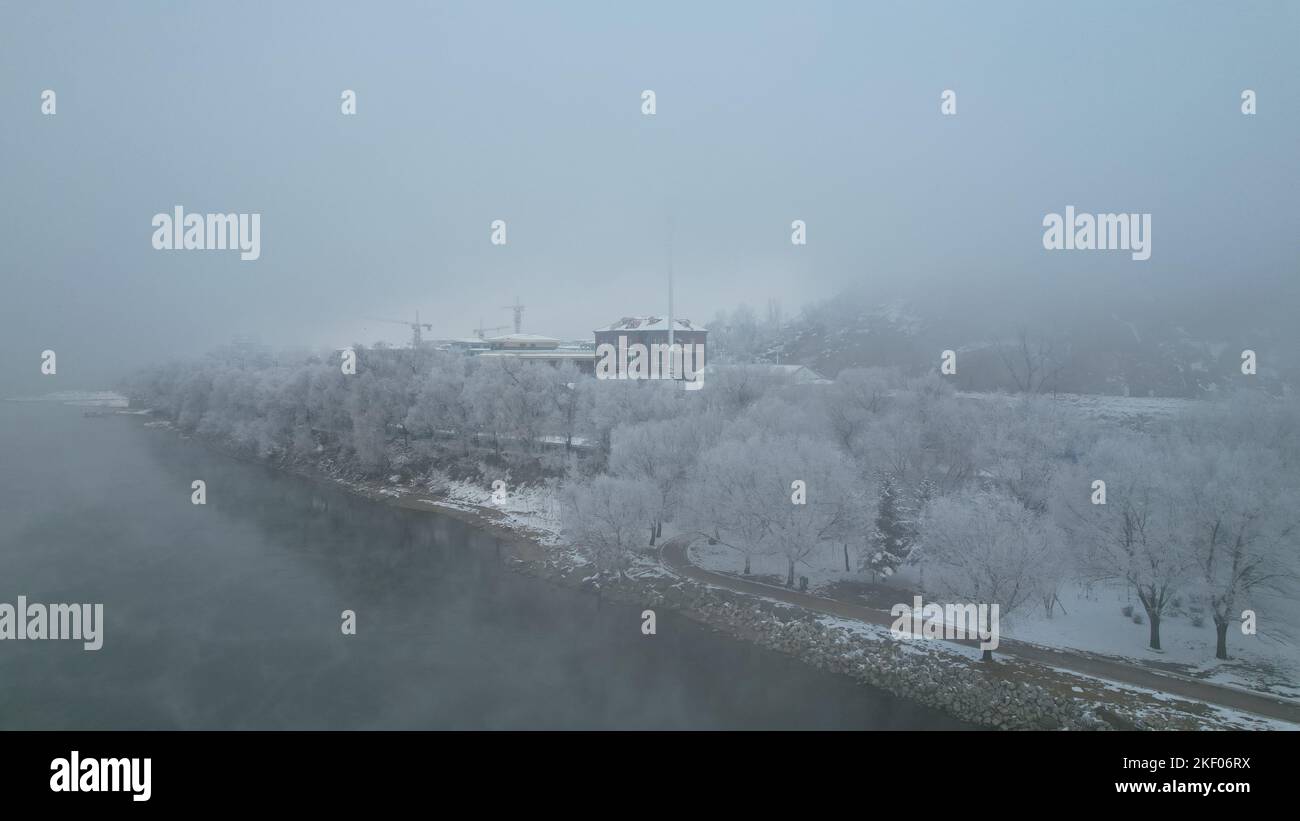 Aerial photo shows the first rime scenery of this winter appearing on ...