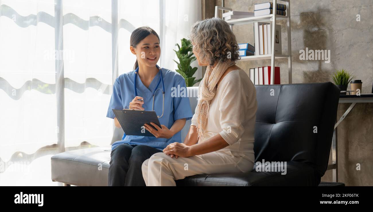 Home healthcare nurse, physical therapy with senior adult woman at home ...