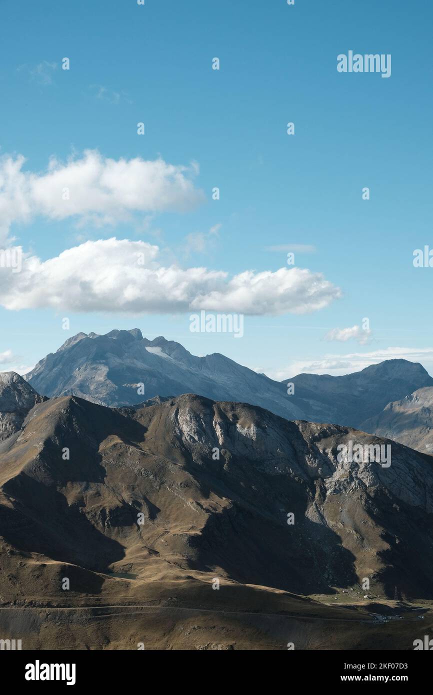 A vertical of Col des Tentes of the French Pyrenees under a blue sky ...