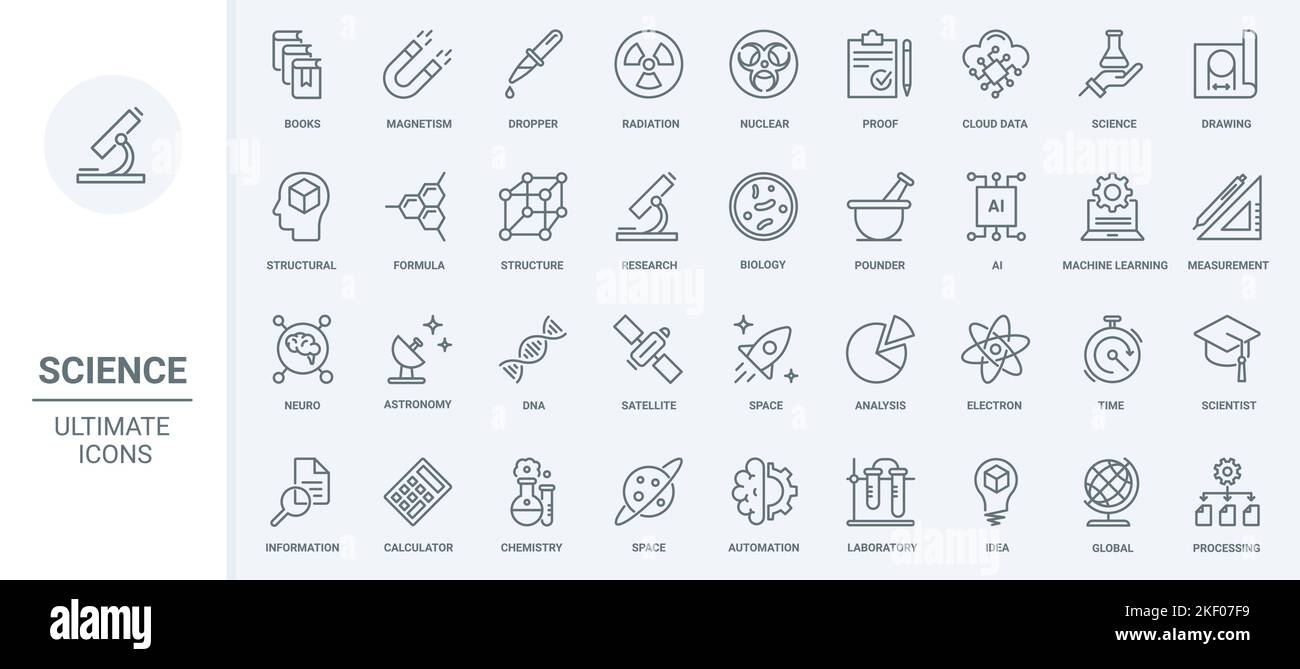 Science technology thin line icons set vector illustration. Outline biology and chemistry ...