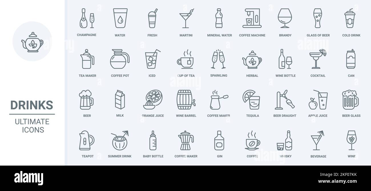 Drinks thin line icons set vector illustration. Outline beverage menu ...