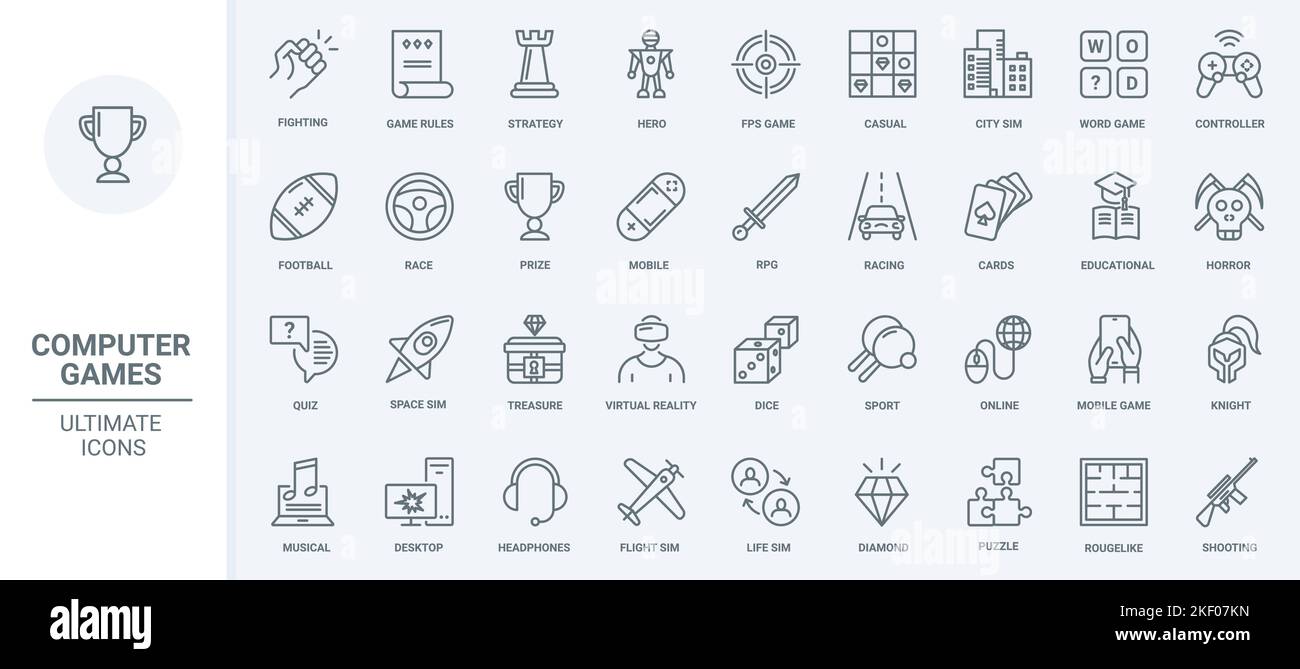 Computer games, gaming technology thin line icons set vector ...