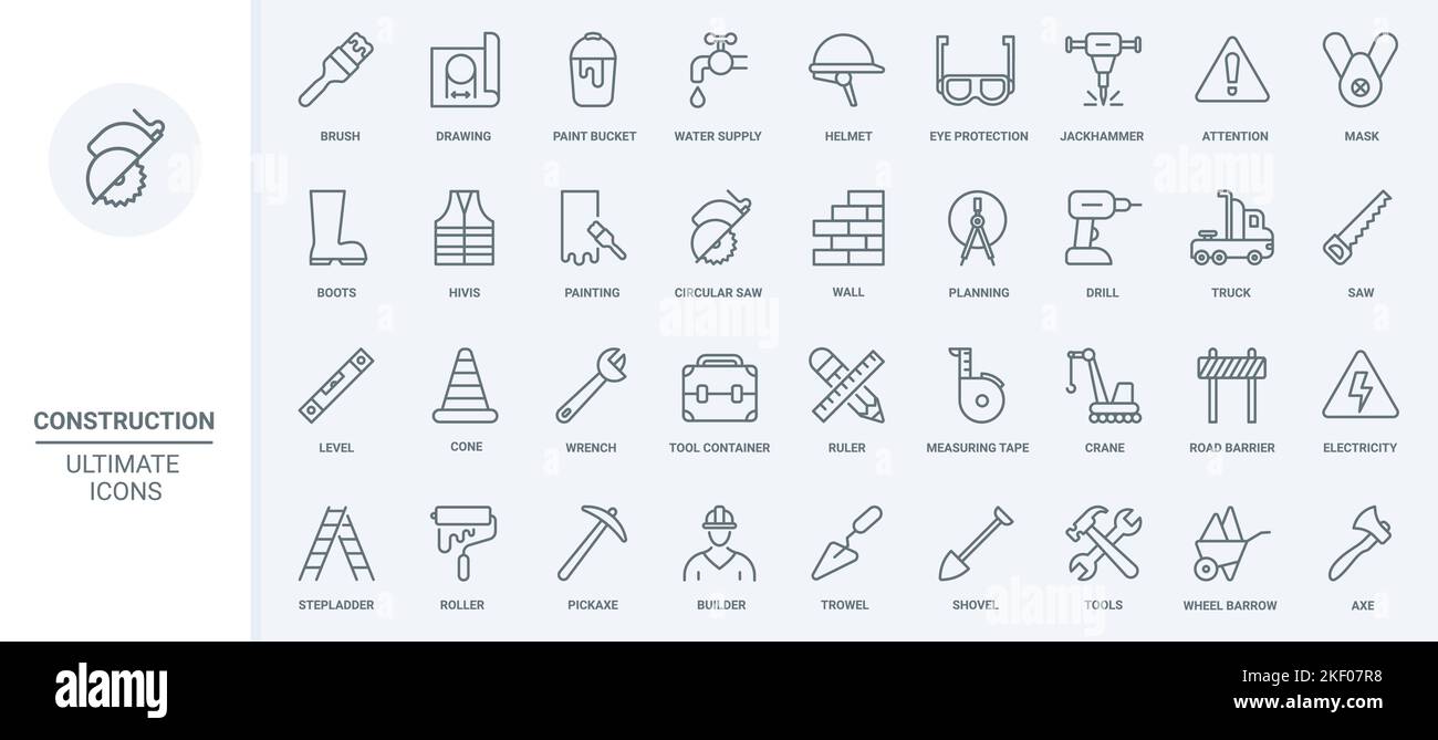 Construction industry, equipment and tools thin line icons set vector ...