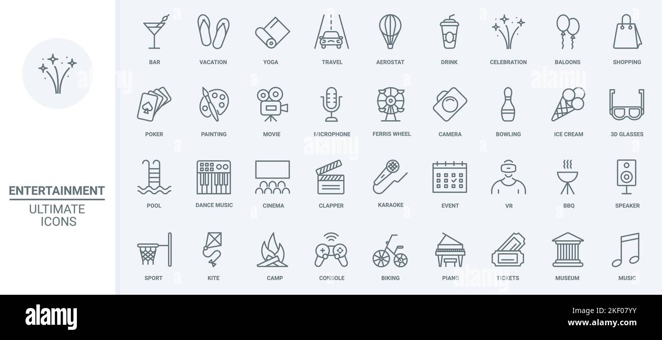 Fun party events, travel vacation and leisure thin line icons set ...