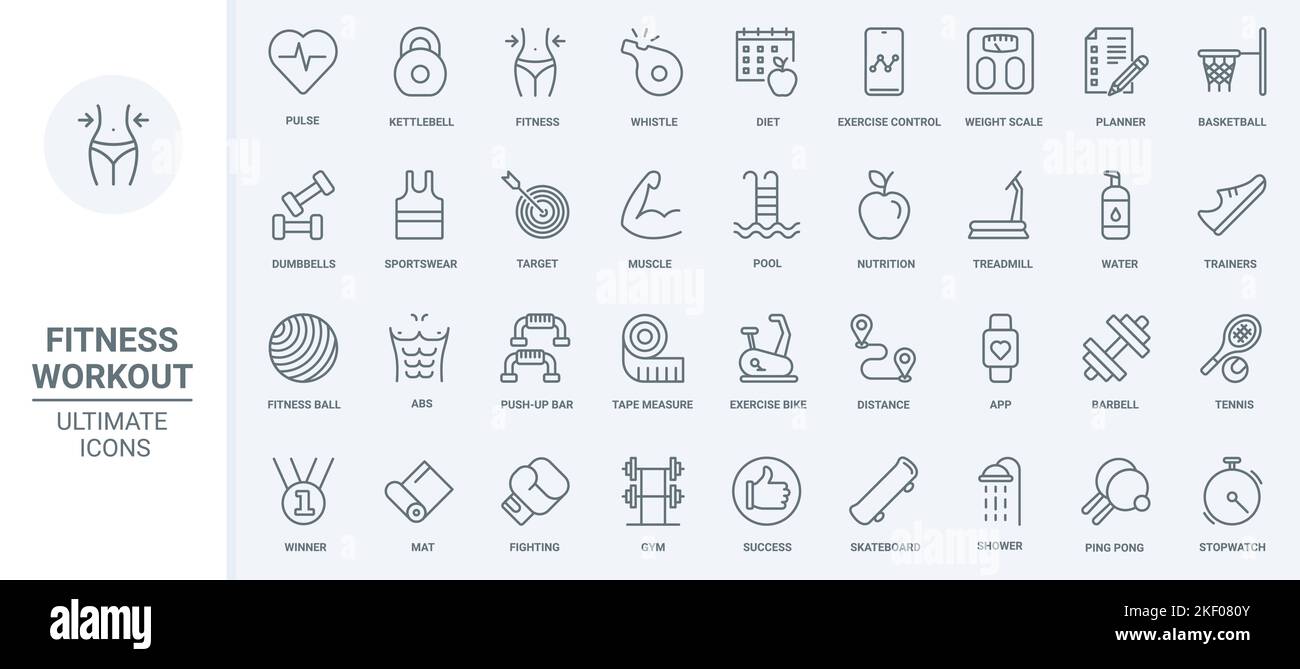 Fitness sport workout in gym thin line icons set vector illustration ...