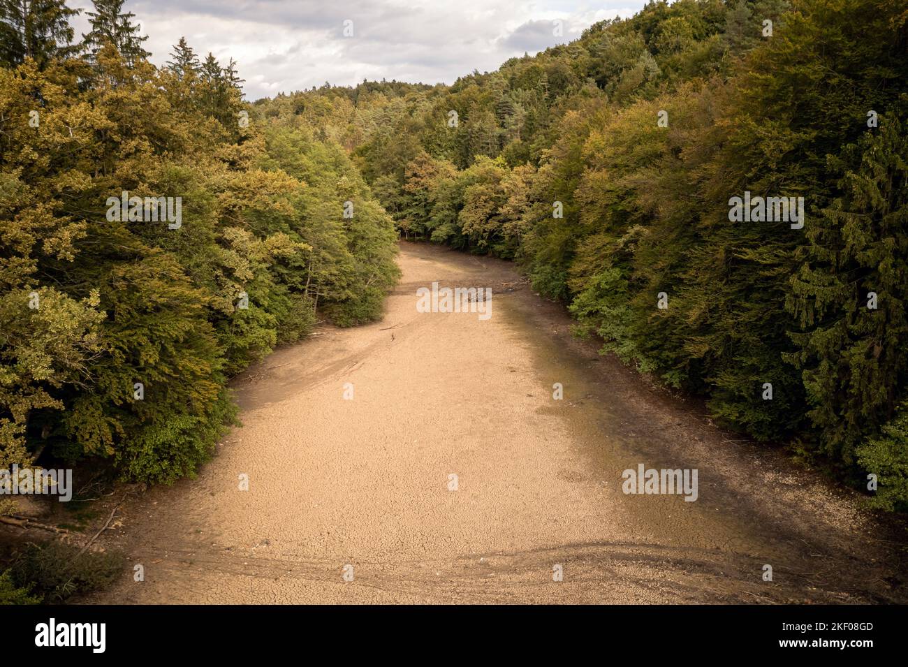 Dried up river bed with remains of cracked mud, located in the forest ...
