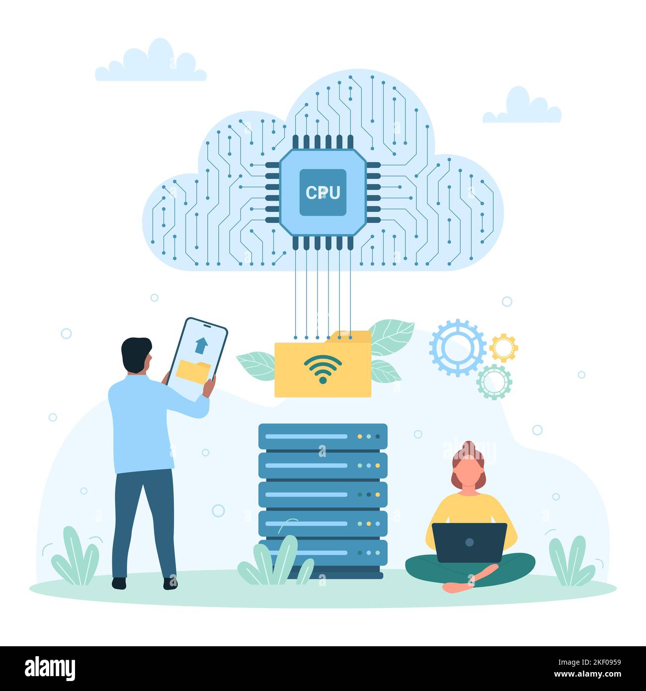 Cloud data storage vector illustration. Cartoon tiny people upload ...