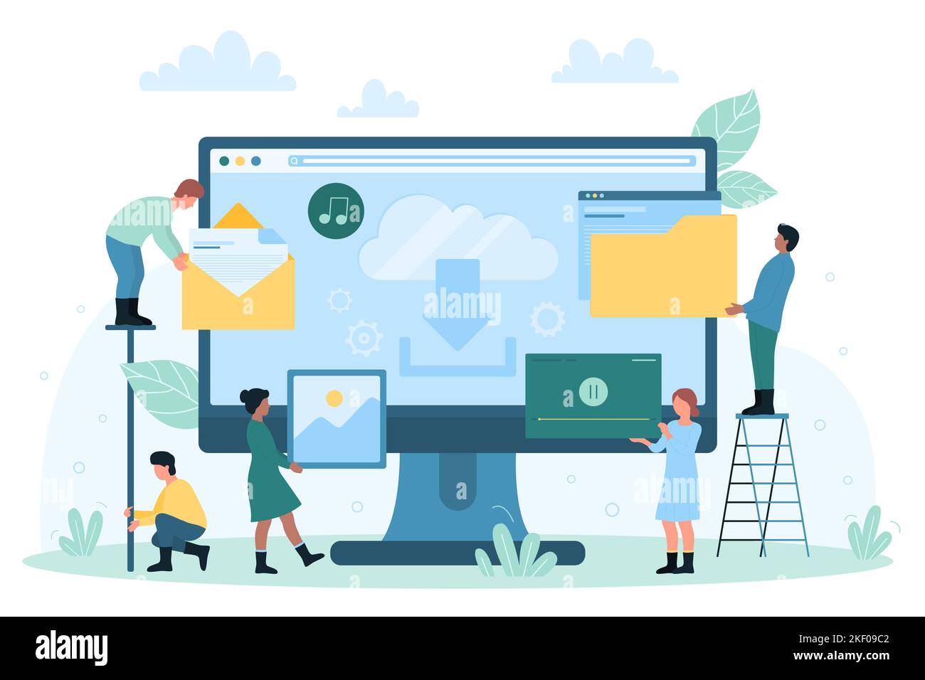 Free download multimedia files and documents vector illustration. Cartoon tiny people upload ...