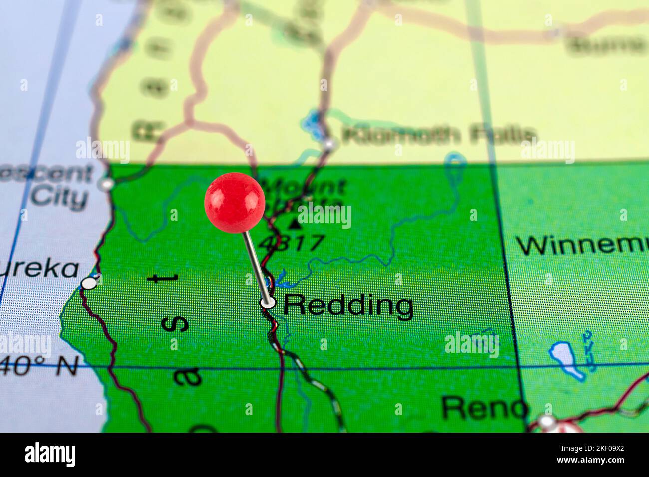 Redding pin map. Close up of Redding map with red pin. Map with red pin point of Redding in USA ...