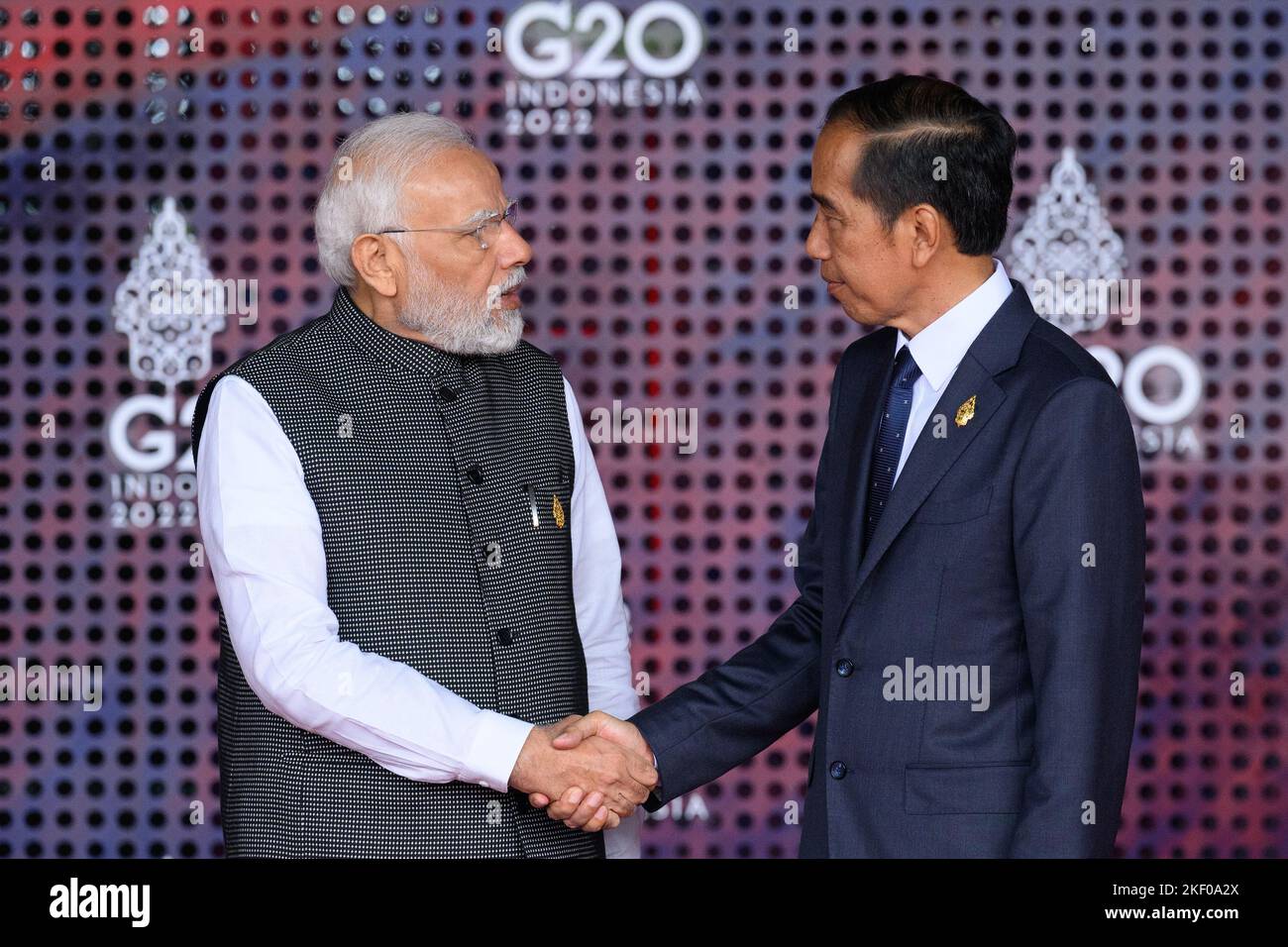 Prime Minister Narendra Modi of India (left) is greeted by the ...