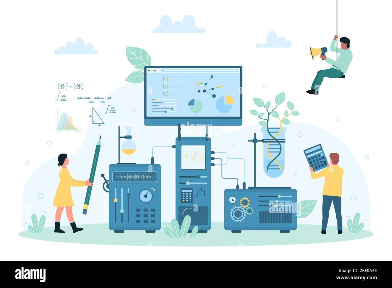 Science lab research vector illustration. Cartoon tiny scientists study ...