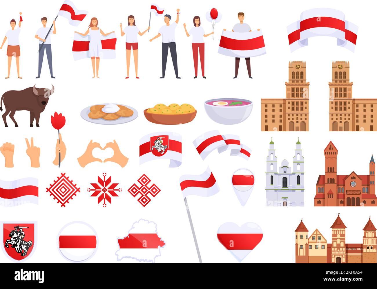 Belarus icons set cartoon vector. Minsk architecture. Flag country ...