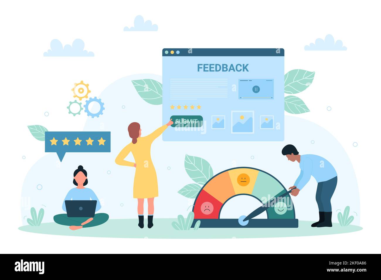 Customers feedback service vector illustration. Cartoon tiny people using emotions level meter ...