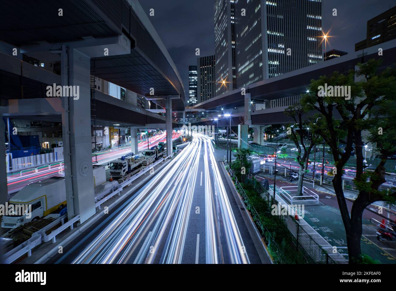 A night traffic jam at the urban street in Tokyo wide shot Stock Photo ...