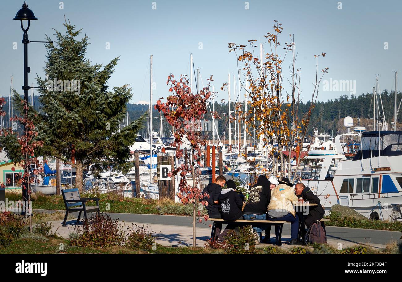 A group of people sitting on a bench against a harbor full of boats and ...