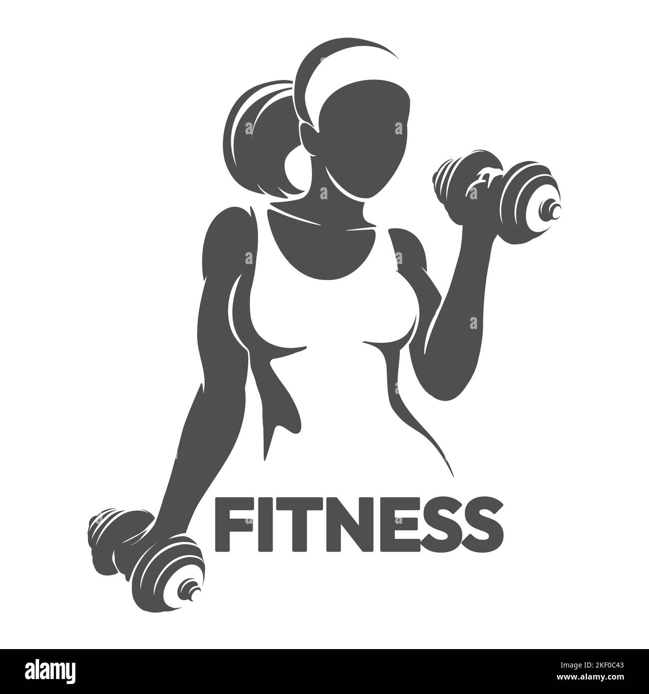 Fitness club logo or emblem with woman silhouette. Woman holds ...