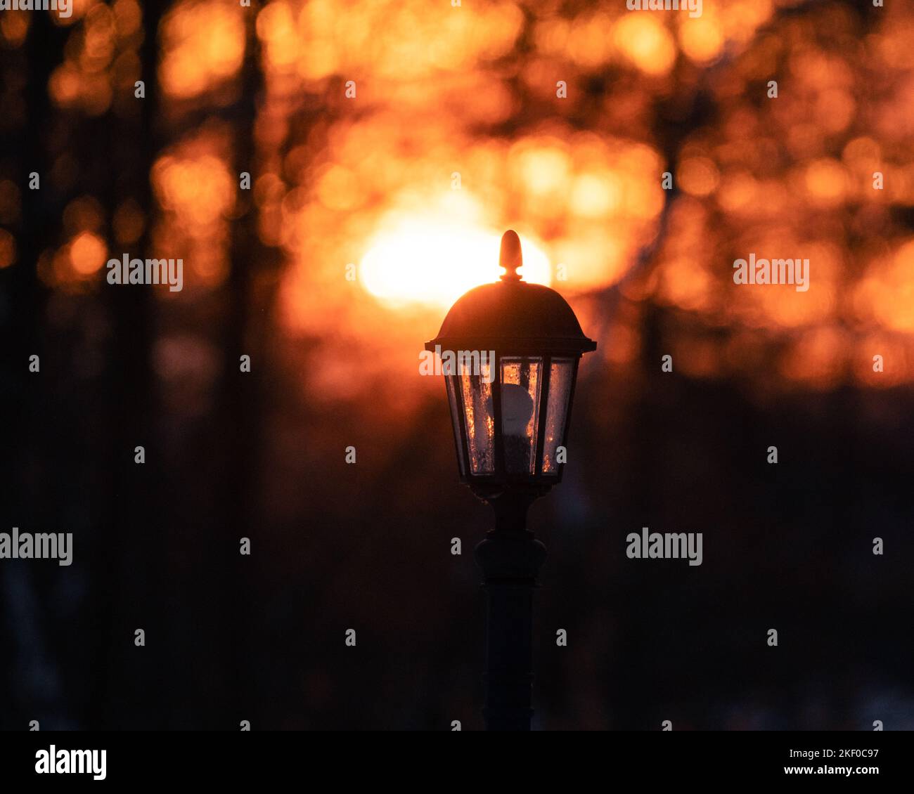A selective focus shot of a vintage-style street lamp in a park against ...