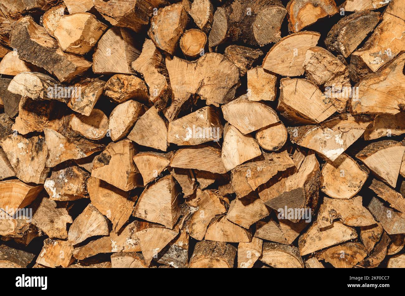 stack of neatly stacked firewood is dried under a canopy in the open ...