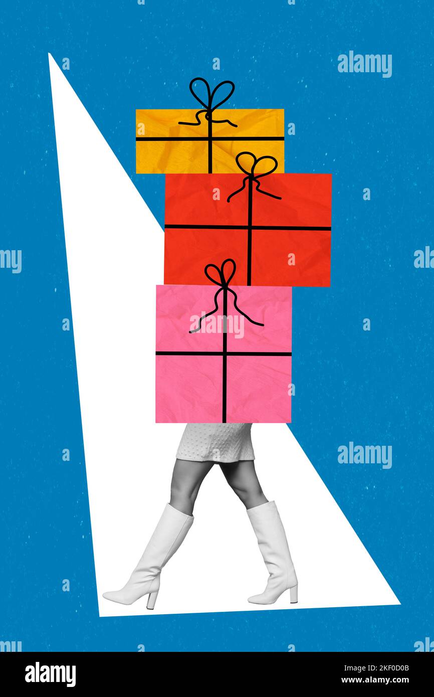 Collage photo advert banner headless stack surprise giftboxes girl walk ...