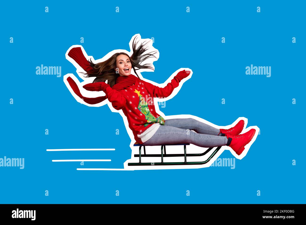 Collage photo of young overjoyed funky woman wear red scarf riding fast ...