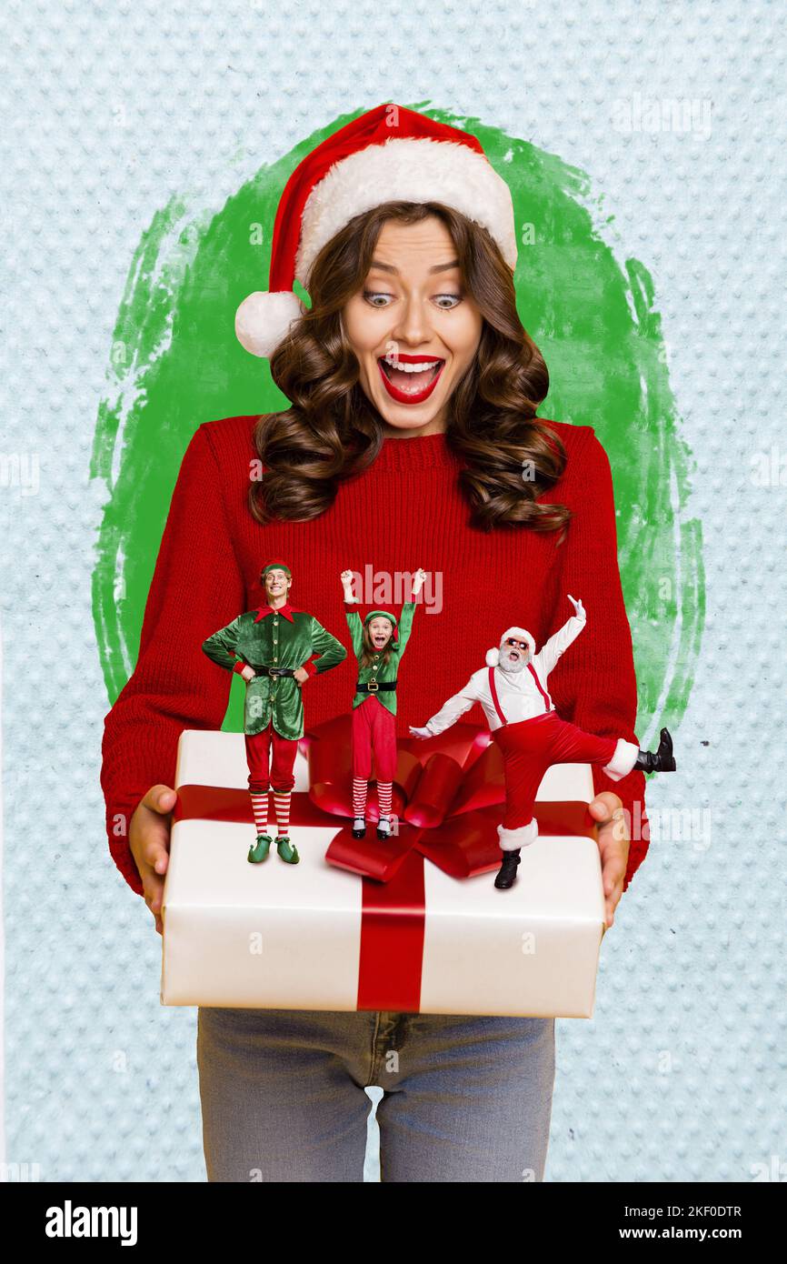Collage photo of cute excited santa helper girl wear red hat nice ...
