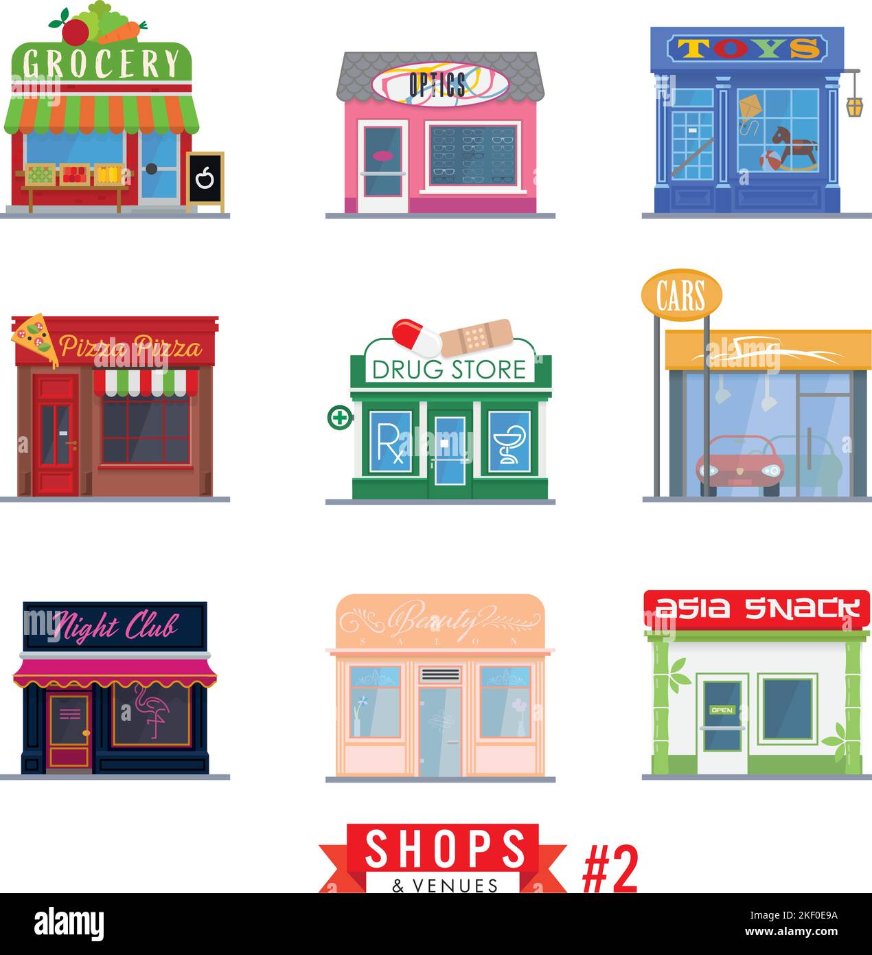 Set of 9 flat design isolated shops, stores, and venues buildings ...