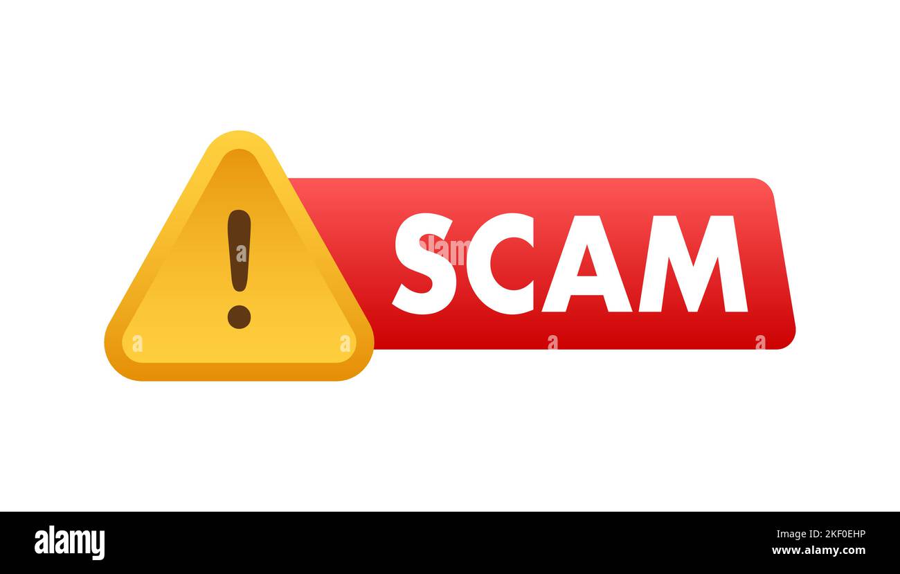 Banner with red scam alert. Attention sign. Cyber security icon. Caution warning sign sticker ...