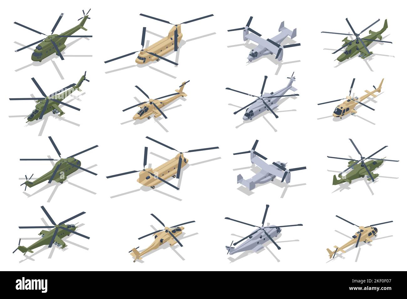 Isometric set of Military Aviation Air Force. Transport, attack helicopters. Military airplane ...