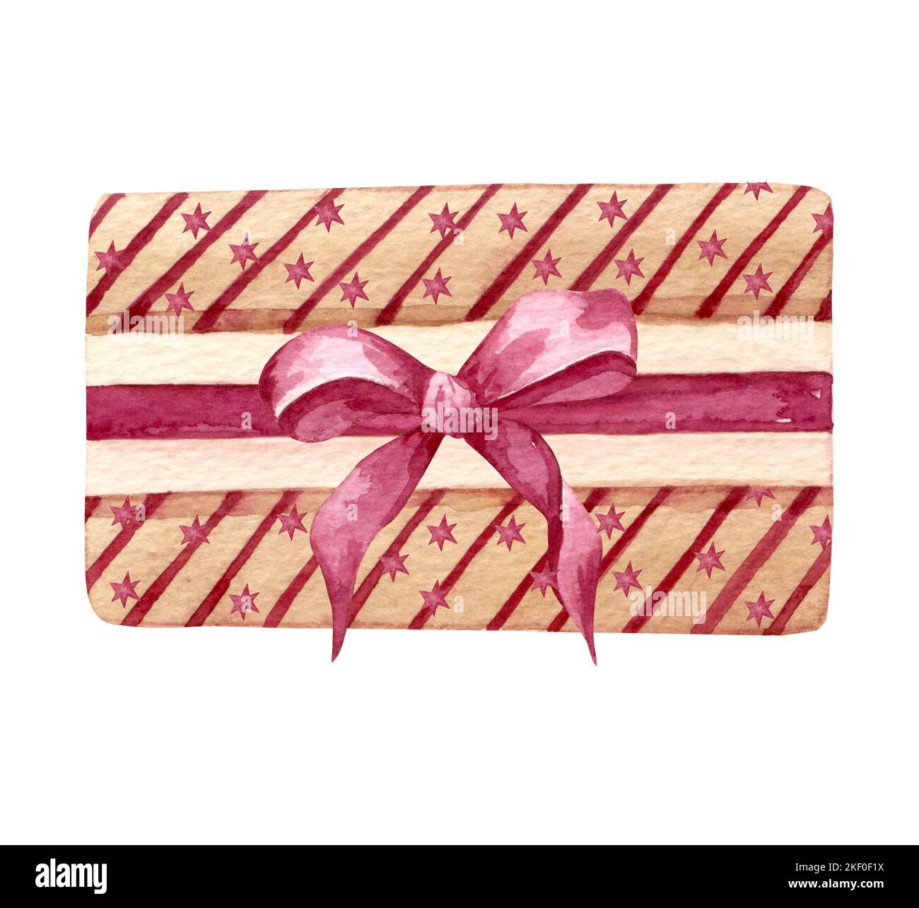 Watercolor gift box in a craft paper with a bright ribbon. Hand drawn ...