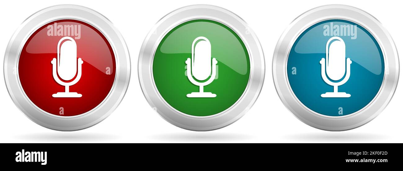 Microphone vector icon set. Red, blue and green silver metallic web ...