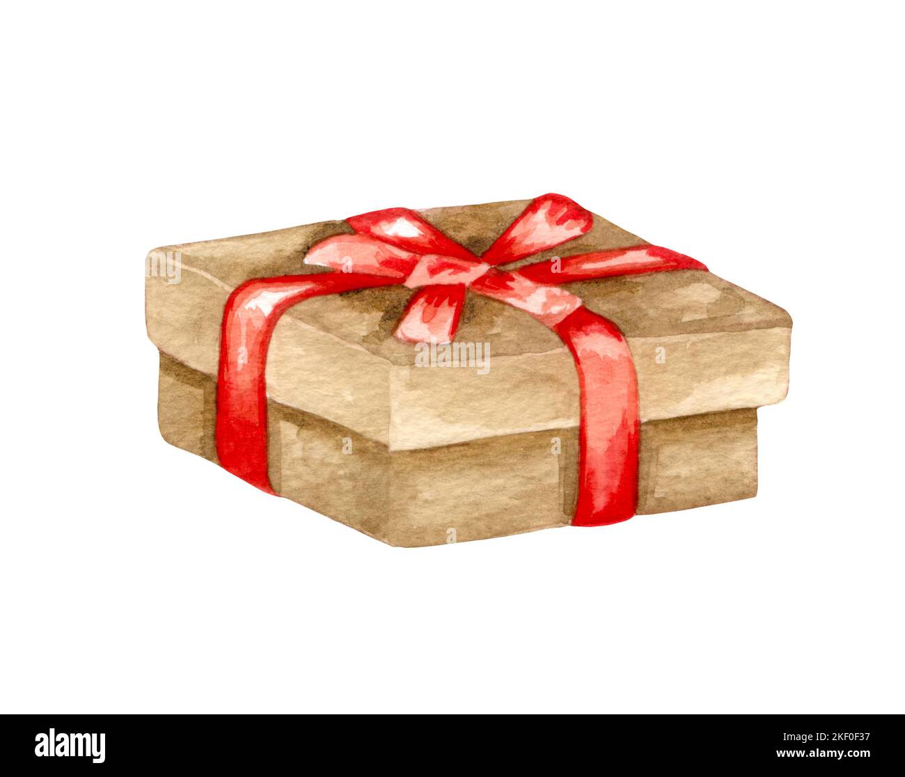 Watercolor gift box in a craft paper with a bright ribbon. Hand drawn ...