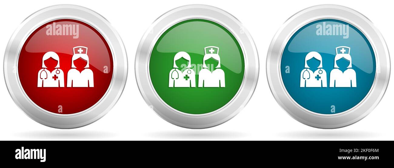 Doctor vector icon set. Red, blue and green silver metallic web buttons ...
