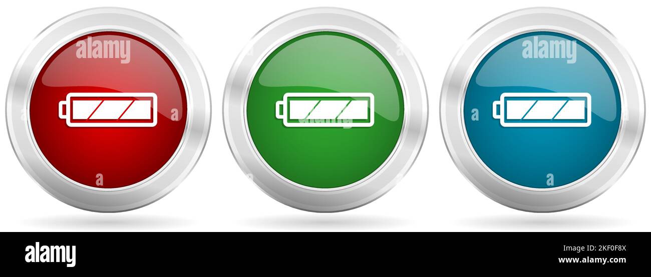 Battery vector icon set. Red, blue and green silver metallic web ...