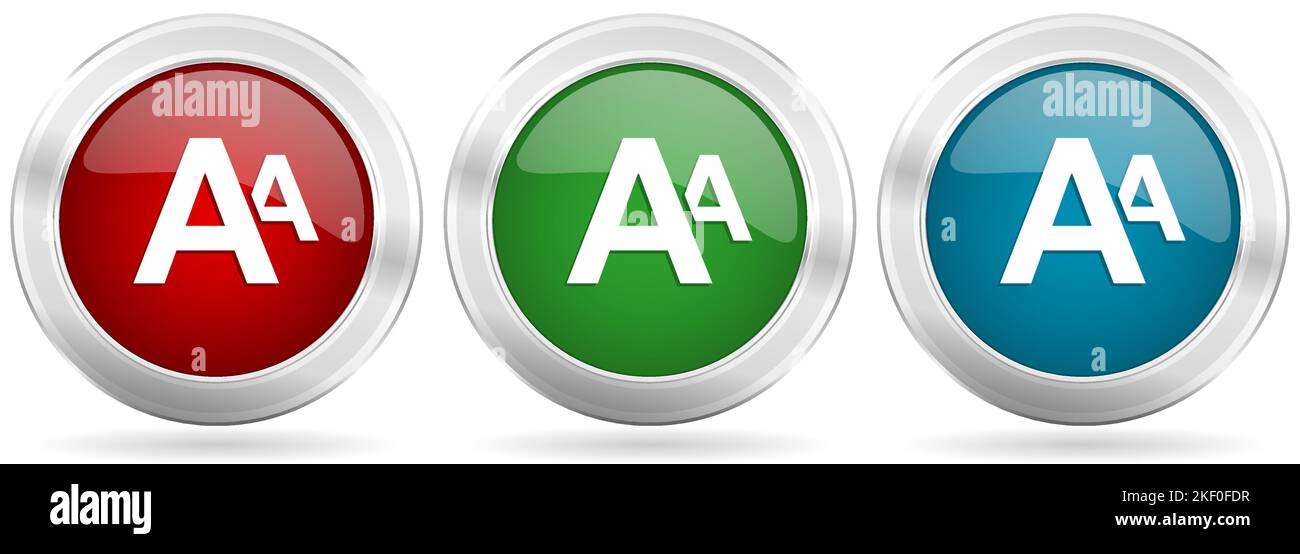 Alphabet vector icon set. Red, blue and green silver metallic web ...