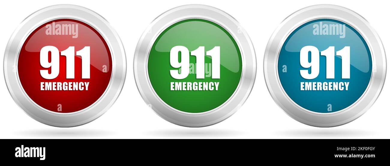 Number emergency 911 vector icon set. Red, blue and green silver ...