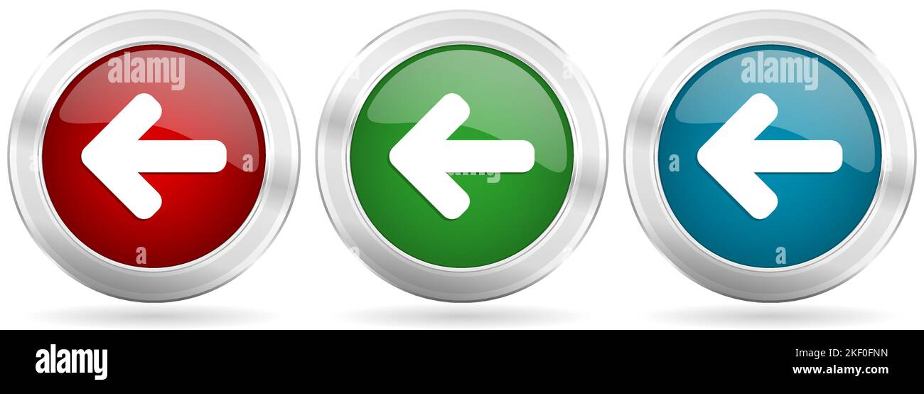 Left arrow, back vector icon set. Red, blue and green silver metallic ...