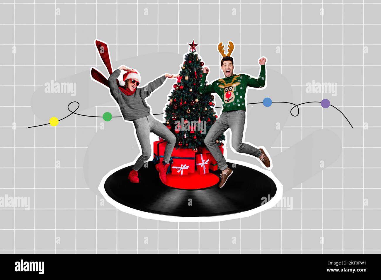 Collage photo of two young student jumping celebrating xmas tree party ...