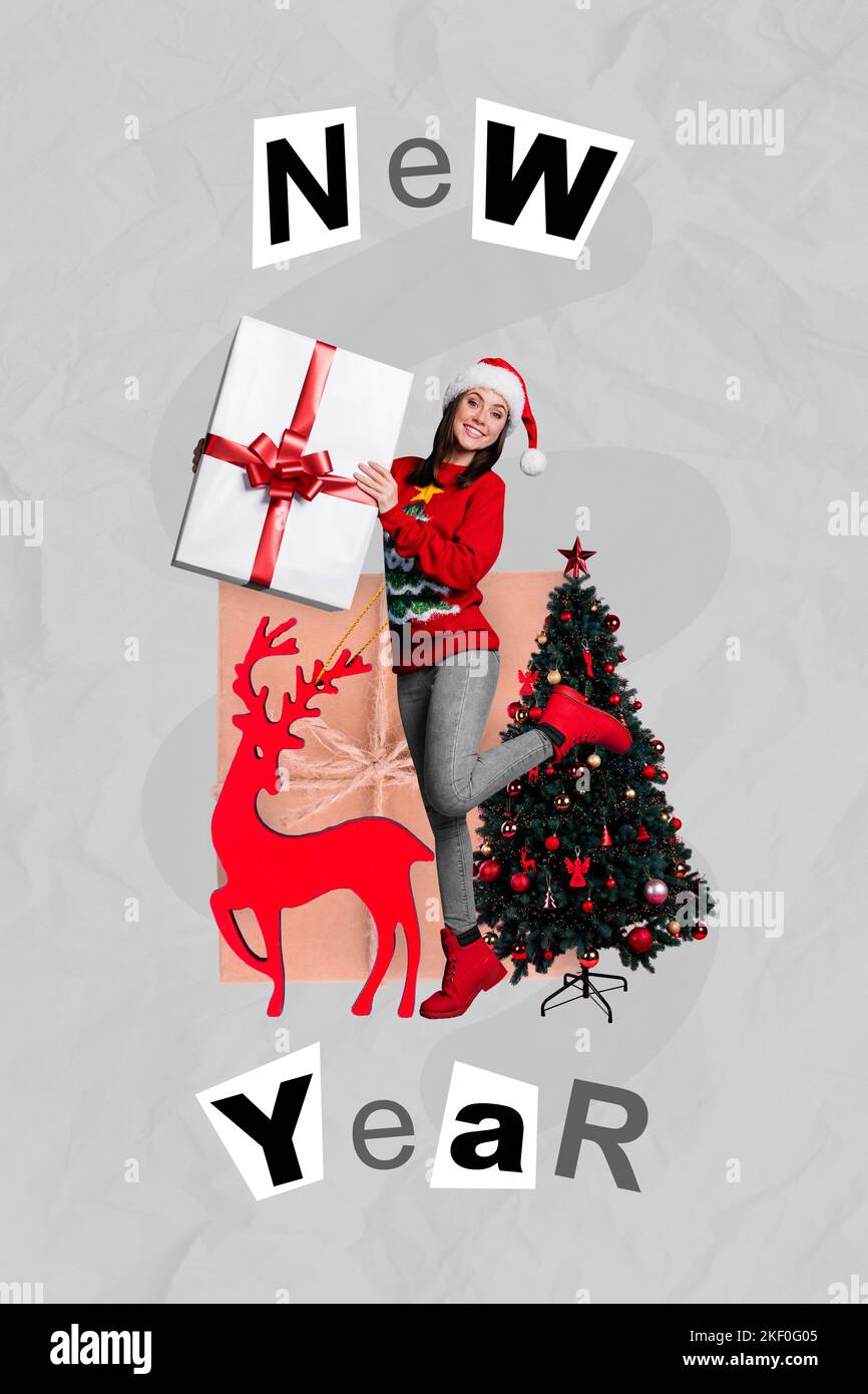 Collage photo greeting poster girl santa helper jump hold big surprise ...