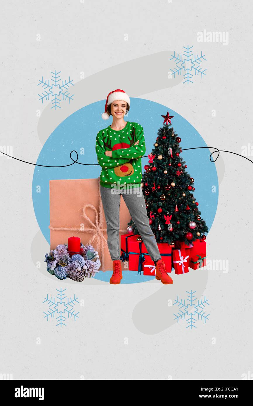 Artwork magazine collage picture of confident funny lady arms folded preparing x-mas presents ...